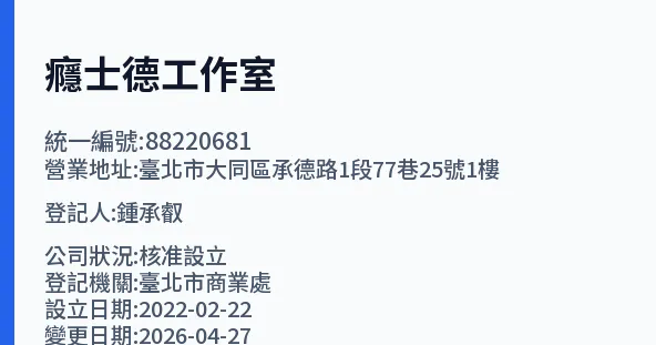 癮士德工作室的照片-統編 88220681(臺北市) 公司登記資料與營業項目詳細圖表