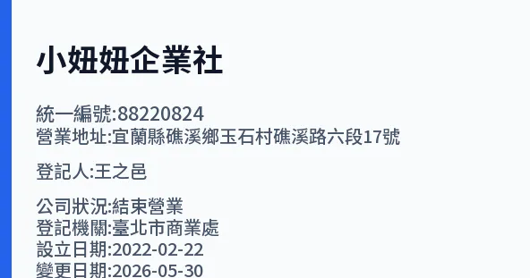 小妞妞企業社的照片-統編 88220824(宜蘭縣) 公司登記資料與營業項目詳細圖表