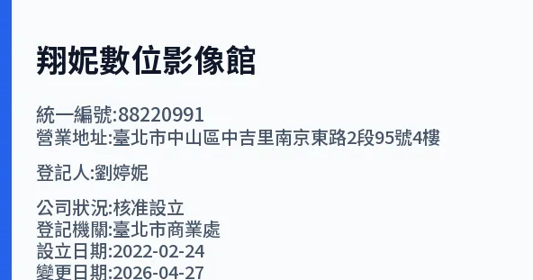 翔妮數位影像館的照片-統編 88220991(臺北市) 公司登記資料與營業項目詳細圖表