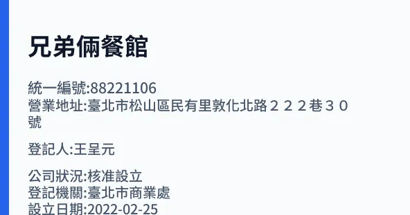 兄弟倆餐館的照片-統編 88221106(臺北市) 公司登記資料與營業項目詳細圖表