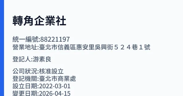 轉角企業社的照片-統編 88221197(臺北市) 公司登記資料與營業項目詳細圖表