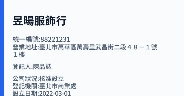 昱暘服飾行的照片-統編 88221231(臺北市) 公司登記資料與營業項目詳細圖表
