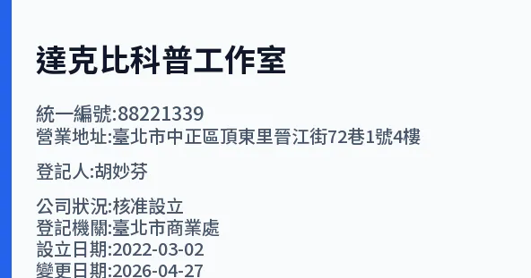 達克比科普工作室的照片-統編 88221339(臺北市) 公司登記資料與營業項目詳細圖表