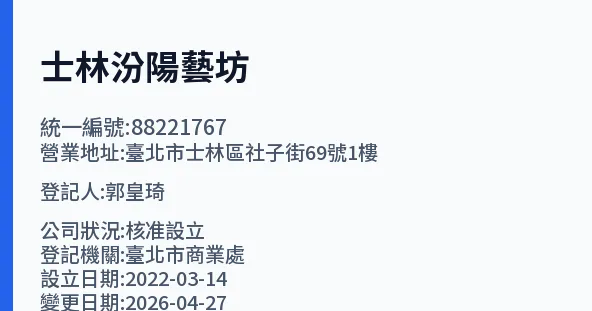 士林汾陽藝坊的照片-統編 88221767(臺北市) 公司登記資料與營業項目詳細圖表