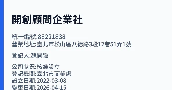 開創顧問企業社的照片-統編 88221838(臺北市) 公司登記資料與營業項目詳細圖表