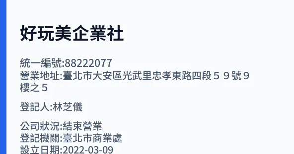 好玩美企業社的照片-統編 88222077(臺北市) 公司登記資料與營業項目詳細圖表