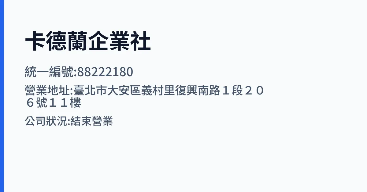卡德蘭企業社 - 統編 88222180(臺北市) 公司登記資料與營業項目詳細圖表