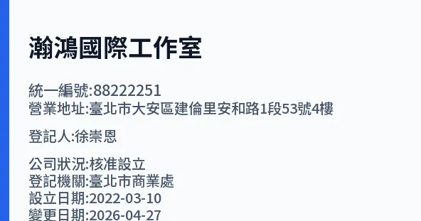 瀚鴻國際工作室的照片-統編 88222251(臺北市) 公司登記資料與營業項目詳細圖表