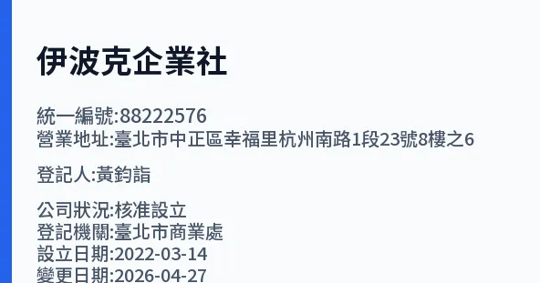 伊波克企業社的照片-統編 88222576(臺北市) 公司登記資料與營業項目詳細圖表