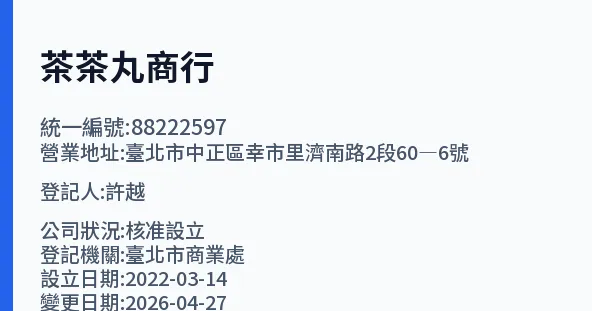 茶茶丸商行的照片-統編 88222597(臺北市) 公司登記資料與營業項目詳細圖表