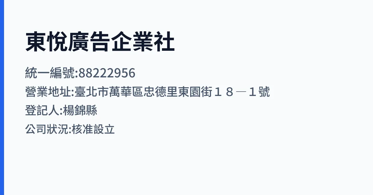 東悅廣告企業社 - 統編 88222956(臺北市) 公司登記資料與營業項目詳細圖表