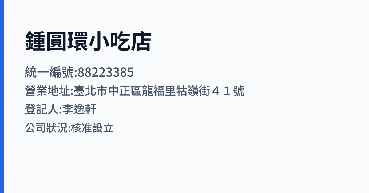 鍾圓環小吃店 - 統編 88223385（臺北市） 公司登記資料與營業項目詳細圖表