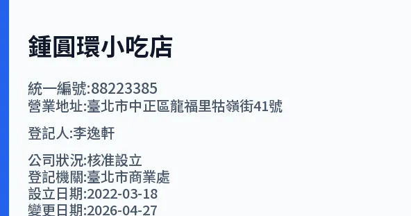 鍾圓環小吃店的照片-統編 88223385(臺北市) 公司登記資料與營業項目詳細圖表