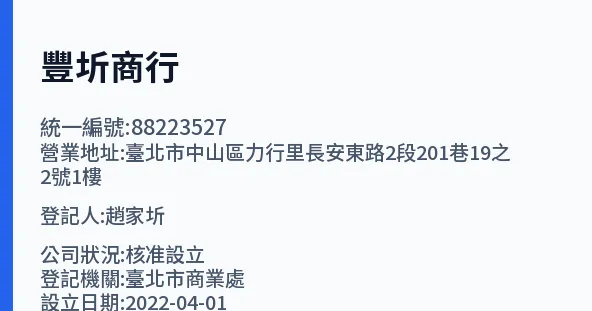 豐圻商行的照片-統編 88223527(臺北市) 公司登記資料與營業項目詳細圖表