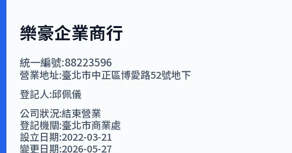 樂豪企業商行的照片-統編 88223596(臺北市) 公司登記資料與營業項目詳細圖表