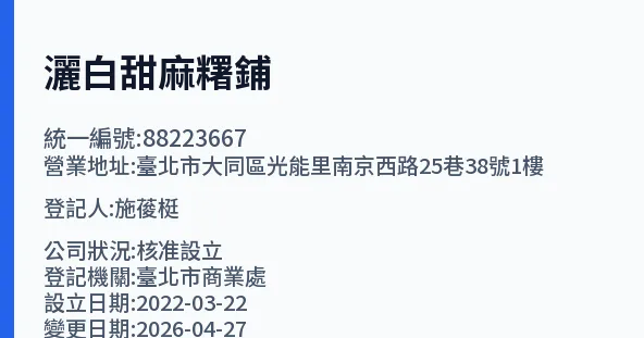 灑白甜麻糬鋪的照片-統編 88223667(臺北市) 公司登記資料與營業項目詳細圖表