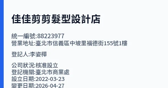 佳佳剪剪髮型設計店的照片-統編 88223977(臺北市) 公司登記資料與營業項目詳細圖表