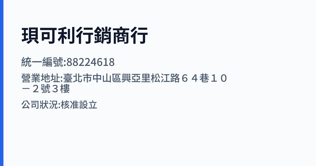 珼可利行銷商行 - 統編 88224618(臺北市) 公司登記資料與營業項目詳細圖表