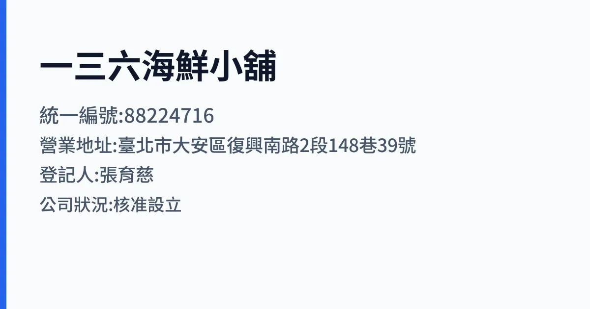 一三六海鮮小舖 - 統編 88224716(臺北市) 公司登記資料與營業項目詳細圖表