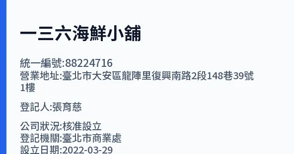一三六海鮮小舖的照片-統編 88224716(臺北市) 公司登記資料與營業項目詳細圖表