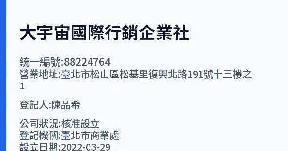 大宇宙國際行銷企業社的照片-統編 88224764(臺北市) 公司登記資料與營業項目詳細圖表