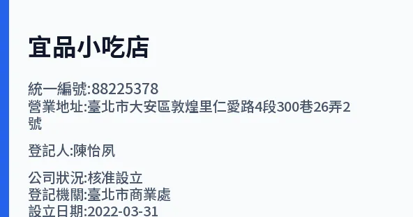 宜品小吃店的照片-統編 88225378(臺北市) 公司登記資料與營業項目詳細圖表