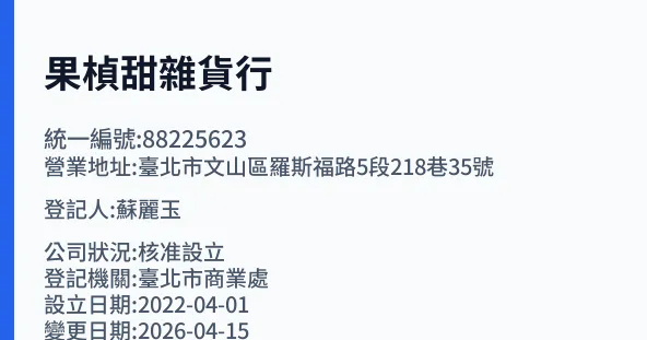 果楨甜雜貨行的照片-統編 88225623(臺北市) 公司登記資料與營業項目詳細圖表