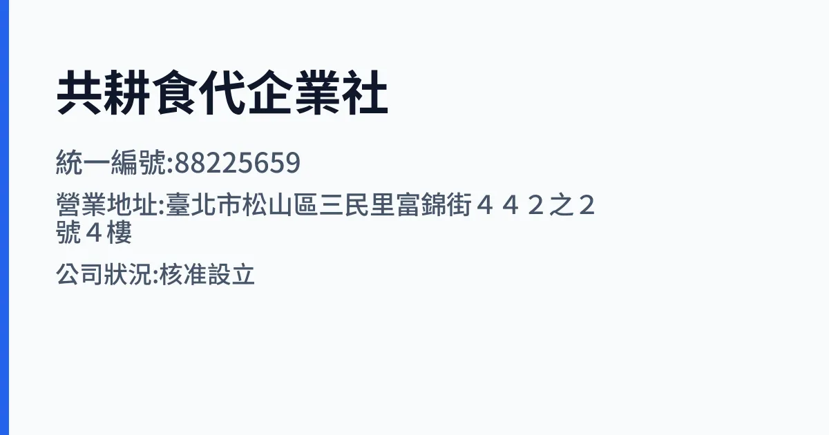 共耕食代企業社 - 統編 88225659(臺北市) 公司登記資料與營業項目詳細圖表