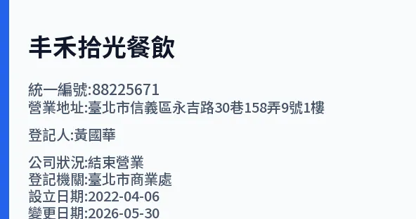 丰禾拾光餐飲的照片-統編 88225671(臺北市) 公司登記資料與營業項目詳細圖表