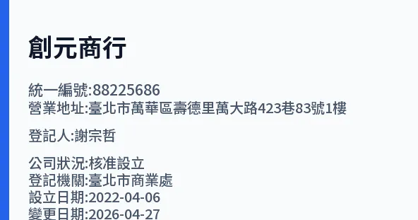 創元商行的照片-統編 88225686(臺北市) 公司登記資料與營業項目詳細圖表