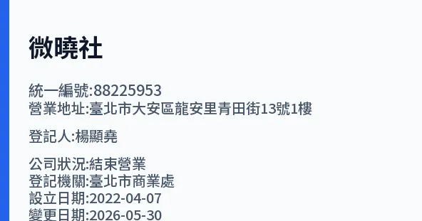 微曉社的照片-統編 88225953(臺北市) 公司登記資料與營業項目詳細圖表
