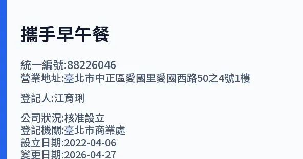 攜手早午餐的照片-統編 88226046(臺北市) 公司登記資料與營業項目詳細圖表