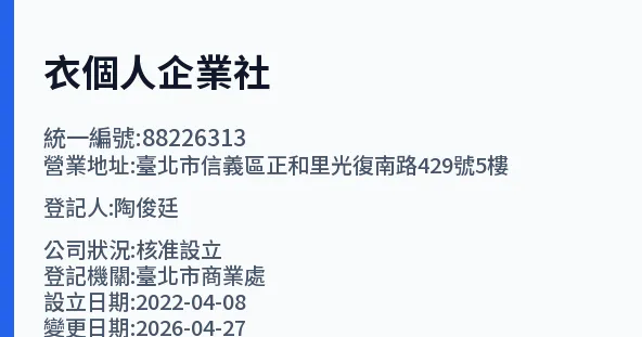 衣個人企業社的照片-統編 88226313(臺北市) 公司登記資料與營業項目詳細圖表