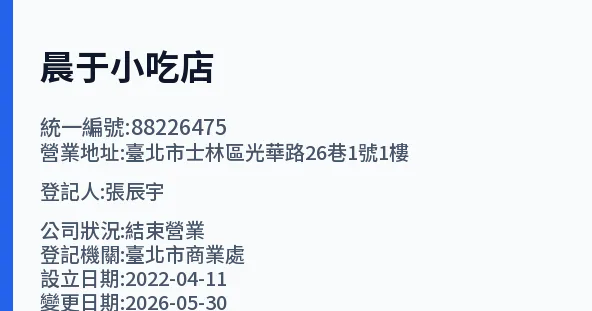 晨于小吃店的照片-統編 88226475(臺北市) 公司登記資料與營業項目詳細圖表