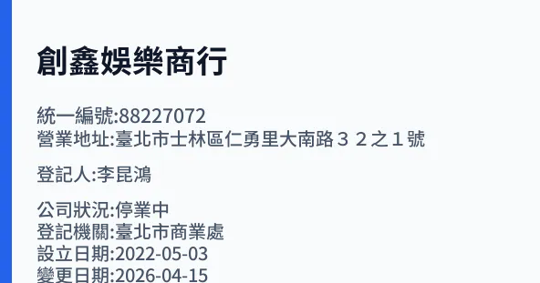 創鑫娛樂商行的照片-統編 88227072(臺北市) 公司登記資料與營業項目詳細圖表