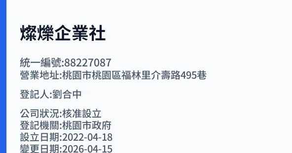 燦爍企業社的照片-統編 88227087(桃園市) 公司登記資料與營業項目詳細圖表