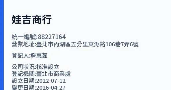 娃吉商行的照片-統編 88227164(臺北市) 公司登記資料與營業項目詳細圖表
