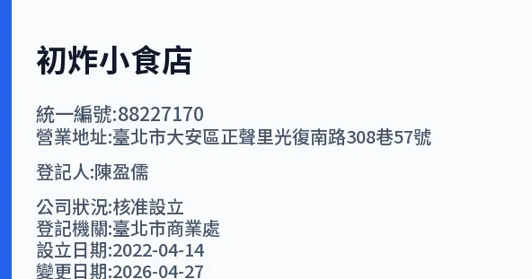 初炸小食店的照片-統編 88227170(臺北市) 公司登記資料與營業項目詳細圖表