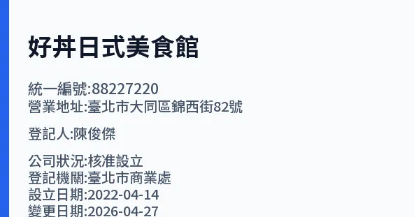 好丼日式美食館的照片-統編 88227220(臺北市) 公司登記資料與營業項目詳細圖表