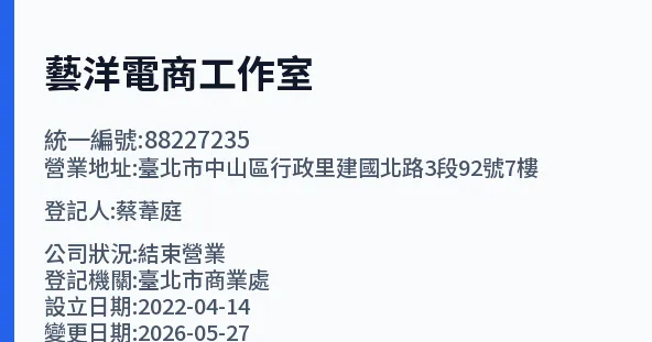 藝洋電商工作室的照片-統編 88227235(臺北市) 公司登記資料與營業項目詳細圖表