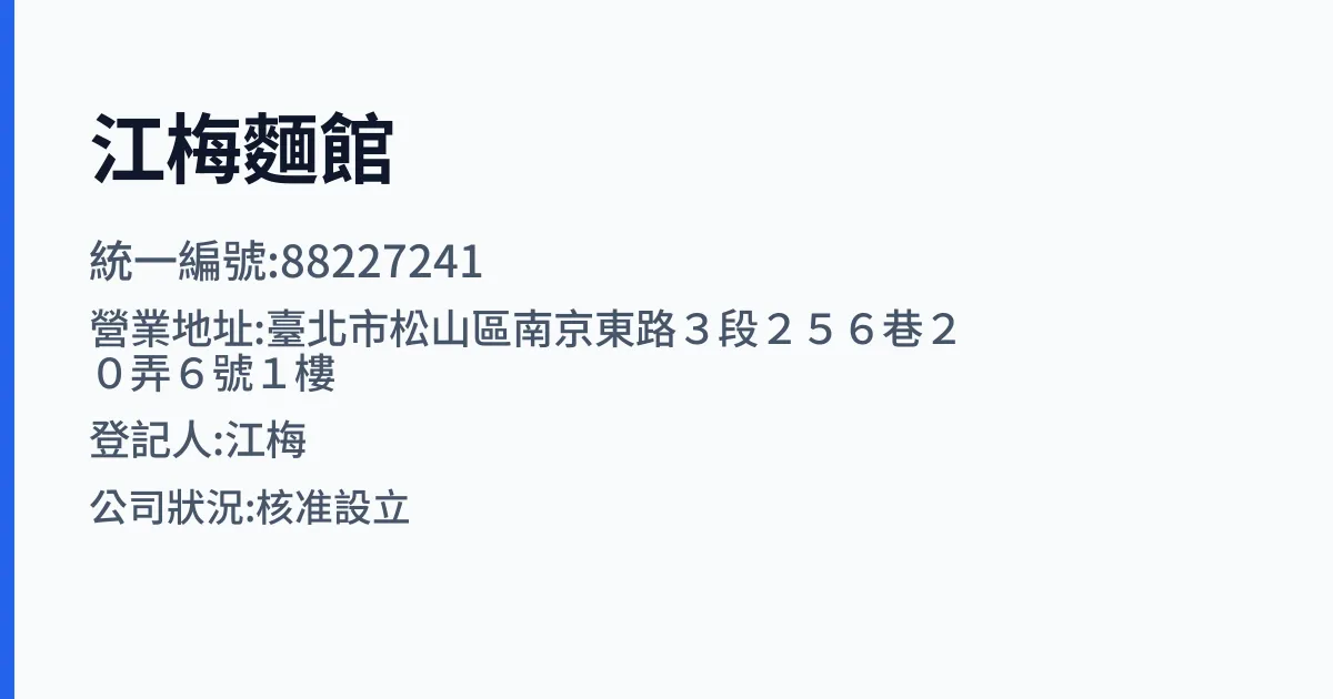 江梅麵館 - 統編 88227241(臺北市) 公司登記資料與營業項目詳細圖表