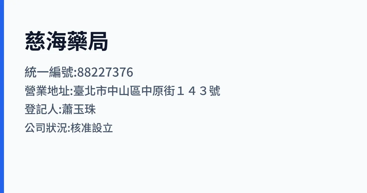慈海藥局 - 統編 88227376(臺北市) 公司登記資料與營業項目詳細圖表
