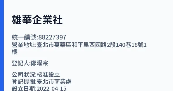 雄華企業社的照片-統編 88227397(臺北市) 公司登記資料與營業項目詳細圖表