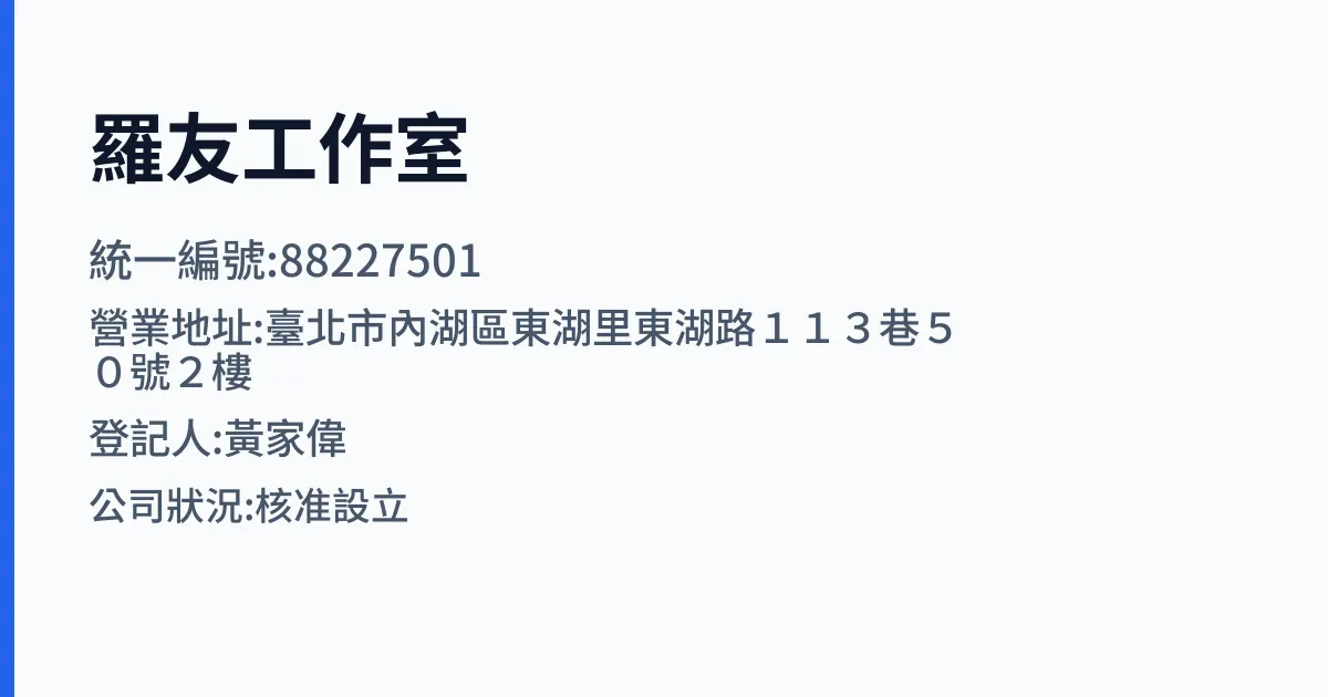 羅友工作室 - 統編 88227501(臺北市) 公司登記資料與營業項目詳細圖表