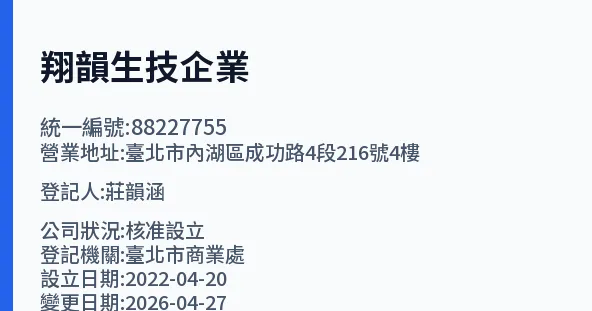翔韻生技企業的照片-統編 88227755(臺北市) 公司登記資料與營業項目詳細圖表