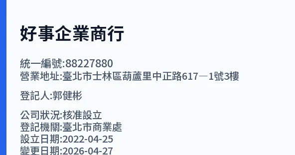 好事企業商行的照片-統編 88227880(臺北市) 公司登記資料與營業項目詳細圖表
