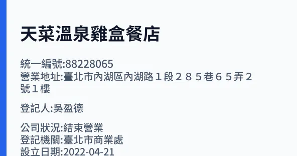 天菜溫泉雞盒餐店的照片-統編 88228065(臺北市) 公司登記資料與營業項目詳細圖表