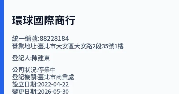 環球國際商行的照片-統編 88228184(臺北市) 公司登記資料與營業項目詳細圖表