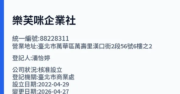 樂芙咪企業社的照片-統編 88228311(臺北市) 公司登記資料與營業項目詳細圖表