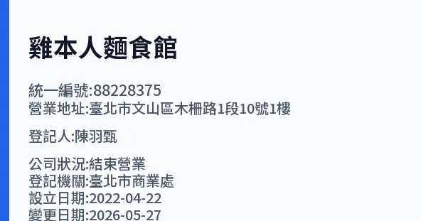 雞本人麵食館的照片-統編 88228375(臺北市) 公司登記資料與營業項目詳細圖表